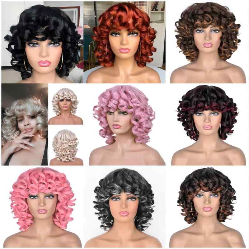 2ウィッグ 女性用ウィッグ 多色 小卷 アフロヘア ヘアピース 高温耐熱ファイバー ブラック レッドブラウン ダークブラウン グラデーション ライトブラウン ピンク パープル ホワイト シルバー