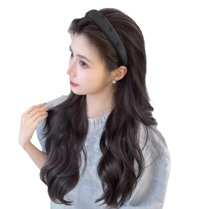 ヘアバンド レディース ロング カール フルウィッグ 高め 高い 伸縮性 締め付け感なし 簡単 自然 黒 茶色 ダークブラウン アレンジ