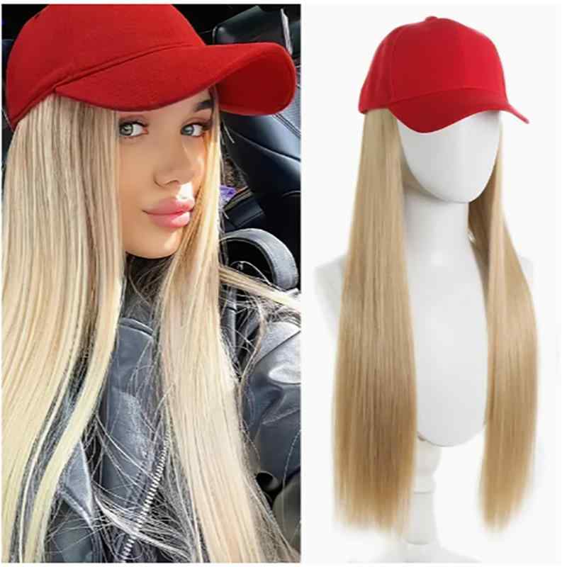 帽子 レディース キャップ 棒球帽 鴨舌帽子 かつら付き 長いストレートヘア 一体型 全頭ウィッグ おしゃれ ブラック レッド ピンク系 ブルー系 コスプレ 普段使い