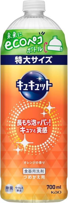 キュキュット 食器用洗剤, 除菌・消臭, 詰替用 700ml, オレンジの香り容量: 700mlの詰め替え用ボトル、オレンジの爽やかな香りが特徴的な食器用洗剤です除菌・消臭: 食器や調理器具の汚れを落としながら、イヤな臭いも消臭します使いや...