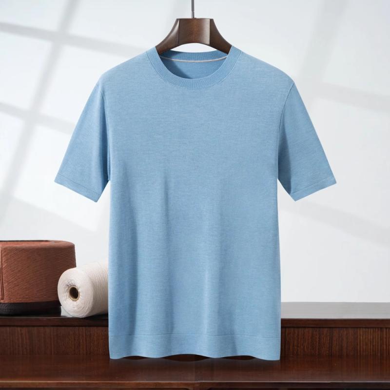 Tシャツ メンズ 男性用 16G ニット 再生繊維 半袖 ラウンドネック プルオーバー 無地 トップス カットソー 薄手 接触冷感 吸湿速乾 普段使い リラックスウェア ミディアム ベージュ カーキ パープル ブルー グリーン グレー ブラック