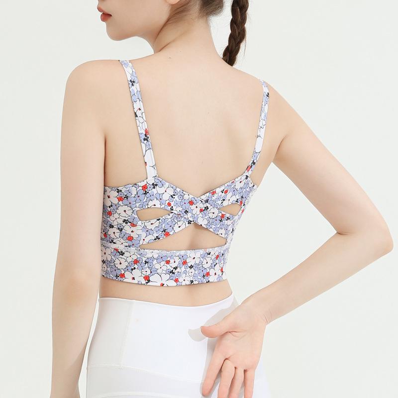 ヨガウェア レディース スポーツブラ 高弾性 速乾性 ノースリーブ 花柄 パッド付き 裹胸 耐震 ランニング トレーニング ウェア ポリエステル スパンデックス 春夏