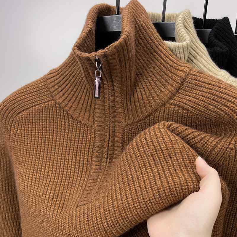 ニット メンズ 男性用 ハーフジップ ハイネック 長袖 冬 厚手 暖かい カジュアル リラックス トップス 紳士 ビジネス オフィス ベージュ グレー ブラック