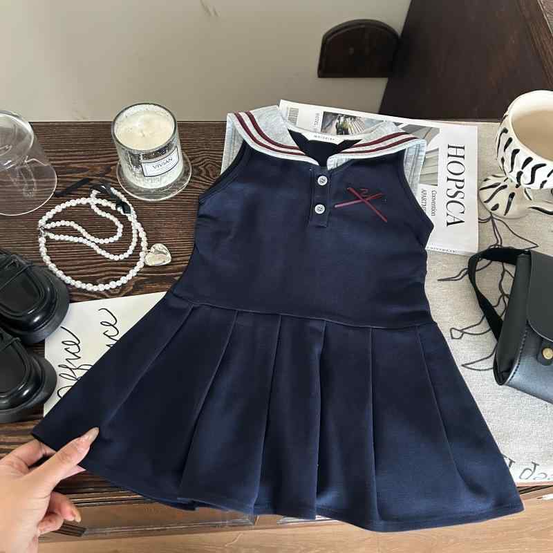ワンピース キッズ 女の子 子供服 ノースリーブ コットン Aラインスカート プリーツスカート 膝丈 紺色 80cm 90cm 100cm 110cm 120cm 130cm 140cm 通園 通学
