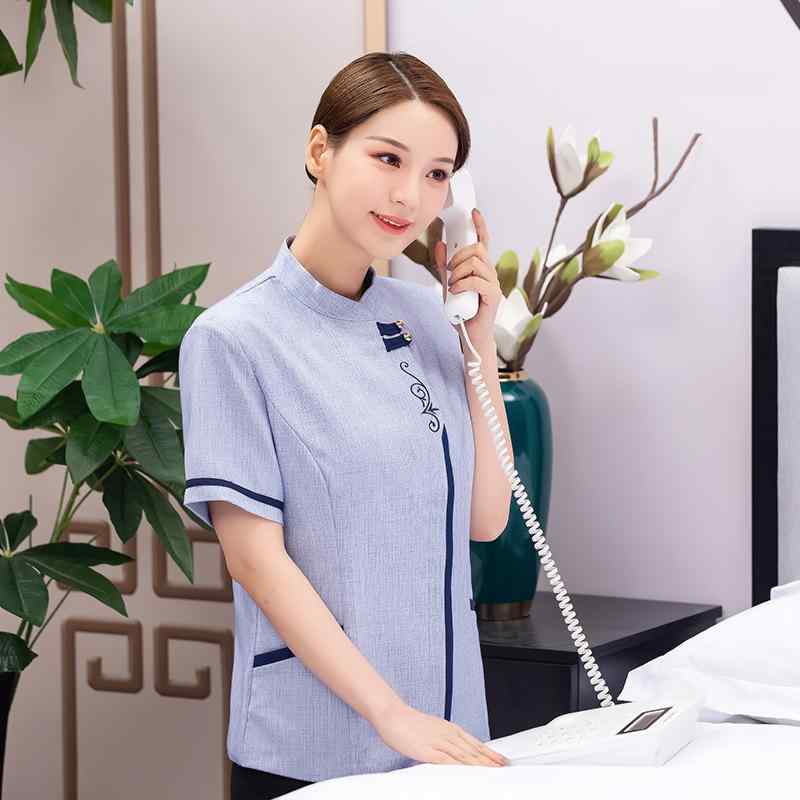 2作業着 レディース 薄手 半袖 夏用 ホテル 旅館 客室 清掃 サービス スタッフ 制服 トップス 吸湿速乾 接触冷感 グレー ブルー ベージュ 綿 ポリエステル