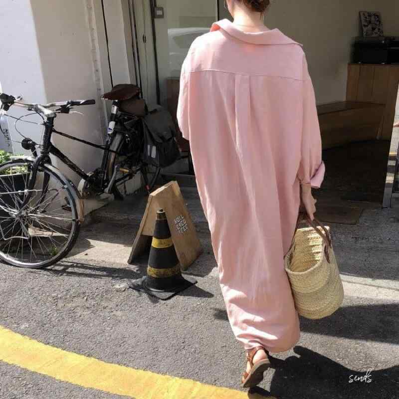 シャツ レディース 韓国 コットン 膝丈 ロング丈 無地 POLO襟 長袖 カーディガン ゆったり ブラック カーキ ピンク ホワイト ブルー グリーン ブラウン S M L XL 2XL 春秋