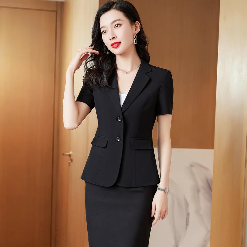 スーツ レディース 半袖 ホテル 事務服 春夏 セットアップ ジャケット スカート パンツ ポリエステル ブラック OL 通勤