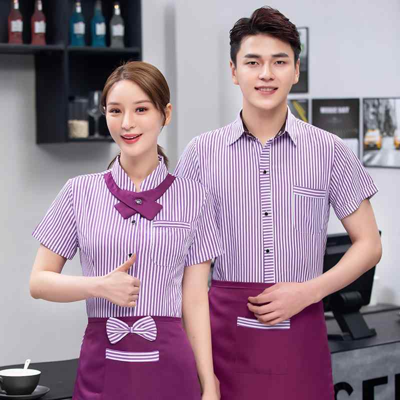 シャツ 男女兼用 ストライプ 半袖 カフェ レストラン 飲食店 居酒屋 ユニフォーム 制服 吸湿速乾 通気性 涼しい