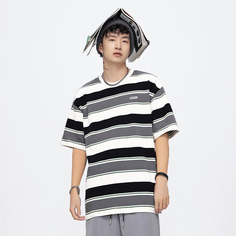 Tシャツ メンズ 男性用 半袖Tシャツ ボーダー柄 トップス カットソー ラウンドネック ゆったり 接触冷感 カジュアル スタイル 春夏