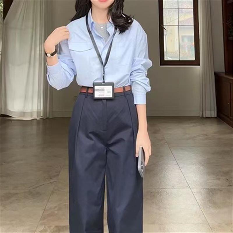 シャツ レディース トップス ワイドレッグパンツ ベルト付き 長袖 グレー 紺色 ブルー ポリエステル 通勤着 普段使い