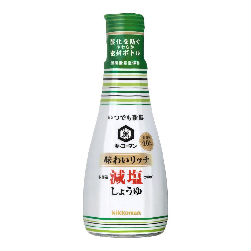 キッコーマン食品 いつでも新鮮味わいリッチ減塩しょうゆ 調味料 醤油 200ml×6本原材料：脱脂加工大豆（大豆（アメリカ又はカナダ（5％未満））（遺伝子組換えでない））、小麦、食塩、醸造酢、大豆（遺伝子組換えでない）、みりん／アルコール、...