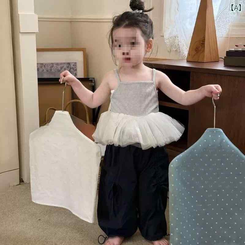 タンクトップ キッズ 女の子 吊りスカート風 春夏 綿 メッシュ かわいい おしゃれ 普段使い 80 90 100 110 120 130 グレー