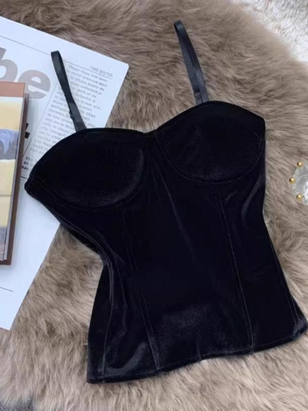 キャミソール レディース 黒 ベロア調 風 レトロ風 胸パッド付き セクシー スリムフィット ノースリーブ トップス 重ね着 インナー 普段使い お出かけ