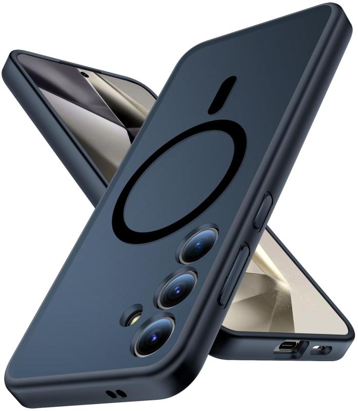 【米軍規格・Magsafe対応】ELEPIK Galaxy S24 Plus ケース 半透明 マグネット搭載 耐衝撃 マット感 黄ばみなし ワイアレス充電対応 ブラック【スーパーN52マグネット - 強化された強力磁石】 内蔵された38個の...