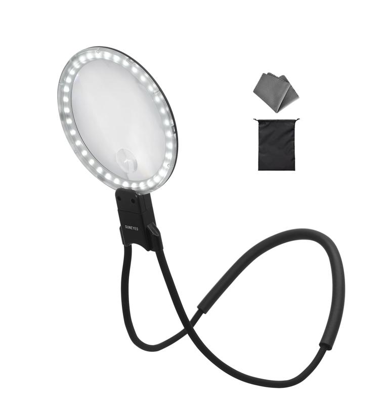 SUNEYES 首掛け拡大鏡 ルーペ 大鏡5倍 小鏡15倍 直径12.2cm LEDライト USB充電 36灯 3段階調光 2種類レンズ 拡大鏡 ルーペ 虫眼鏡 読書用 スタンド レンズ 虫眼鏡 取り外し可能 新聞 地図 ジュエリー 【大型...