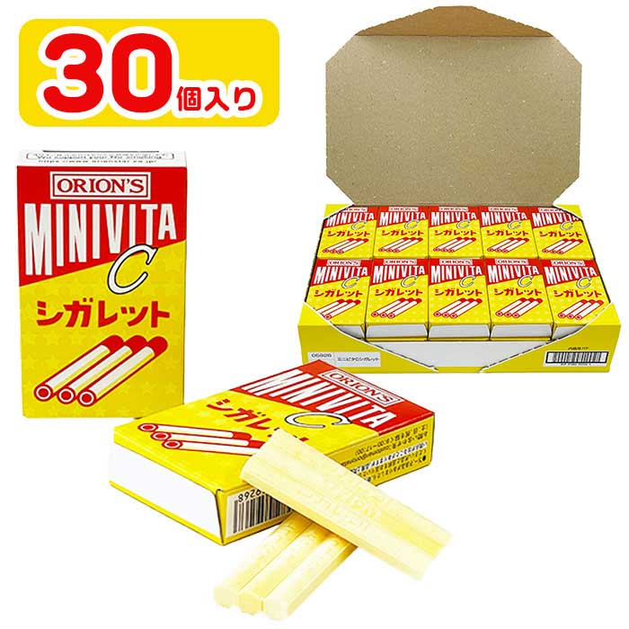 昔からの定番ラムネ菓子「ココアシガレット」の弟分！ 「ミニビタC」のシガレットが入荷しました。 「ココアシガレット」はタバコの箱を思わせるパッケージが特徴で、 タバコを吸うポーズを真似しながら食べた方も多いのでは！？ 「ミニビタC」は、昭和...