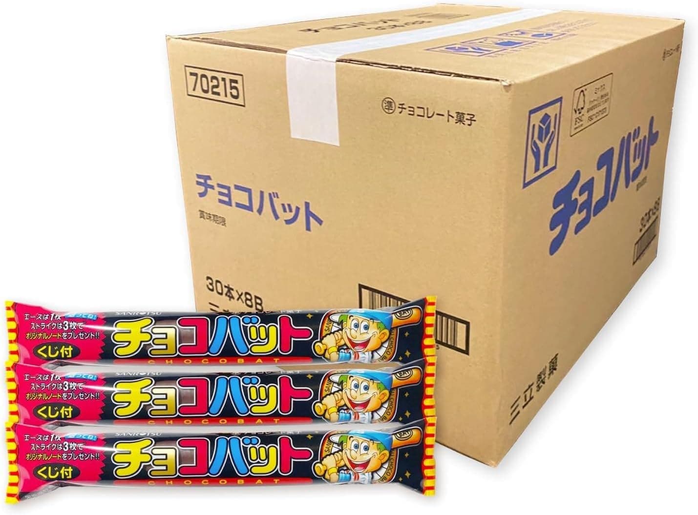 1964年発売のロングセラー！ お徳用ケース販売のページとなります パン生地にチョコレートをコーティングした、食べやすいスティックタイプの駄菓子です。 パッケージ(袋)の内側にくじが付いており、 エース1枚、またはストライク3枚で、オリジナ...