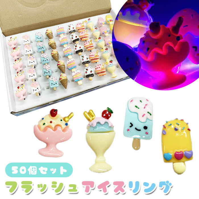 スイッチONでピカピカ光る、おもちゃの指輪が入荷しました。 アイスデザインのかわいい指輪が、光る指輪に大変身！ 赤と青の光が交互に点滅します。 景品や配り物、お友達とのシェアにおすすめです。 化粧箱は、切り取り線に沿って切り取ることで、ディ...
