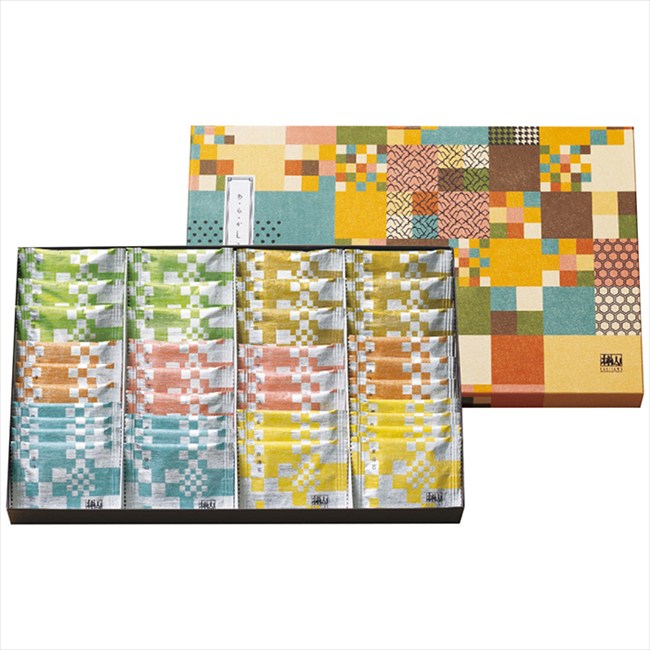 ■商品紹介：ひとくちサイズのおかき6種をすべて個包装にして詰合せました。醤油・青海苔、胡麻・海老・大豆・海苔巻とバラエティに富んだいます。カラフルな化粧箱のデザインは、日本の伝統工芸「寄木細工」をイメージしています。 ■商品内容：ひとくち慶...