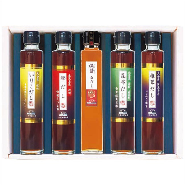 ■商品紹介：飛魚、鰹、昆布、椎茸、いりこ、日本国内の「名産だし」を使用しました。料理に応じて5〜10倍にうすめてご使用ください。 ■商品内容：液体濃縮だし200ml(漁醤白だし・枕崎鰹だし・大分いりこだし・大分椎茸だし・北海道昆布だし各1本...