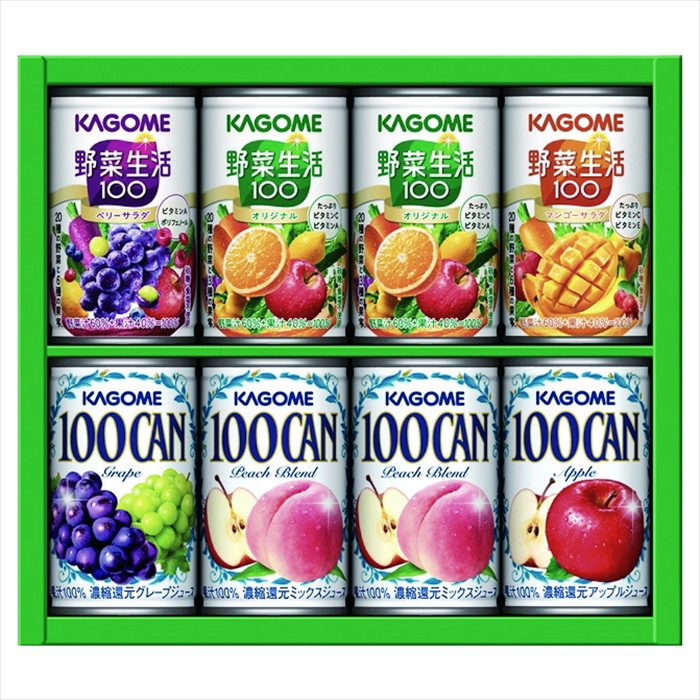 ■商品内容：100CAN160g×4（アップル・グレープ×各1、ピーチブレンド×2）、野菜生活100 160g×4（オリジナル×2、ベリーサラダ・マンゴーサラダ×各1） ■パッケージサイズ：箱サイズ:200×235×59（50サイズ） ■賞...