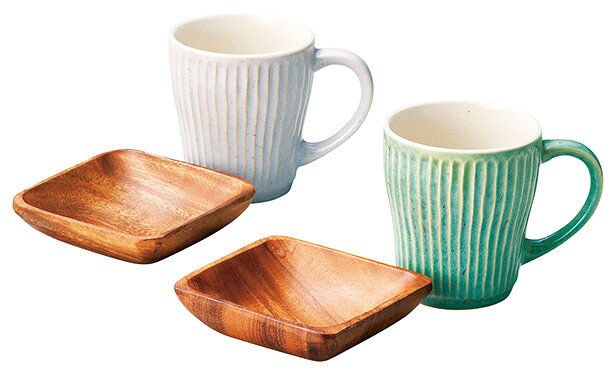 ■商品紹介：やさしい色合いとナチュラルな温かさが魅力のシリーズ。 ■商品内容：マグ/径8.4×H9.6cm(330ml)×2 磁器 トレー/11.5×11.5×H3cm×2 天然木 トムソン箱/24×13×12.3cm　原産国：マグ:日本、...