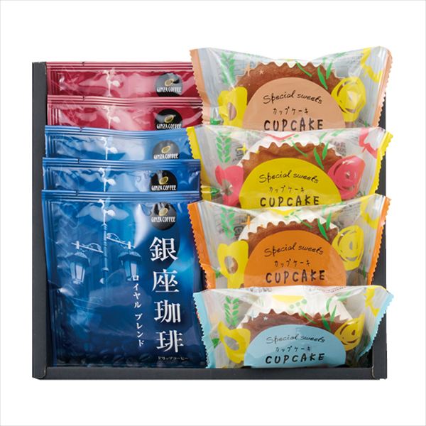 ■商品紹介内容/銀座珈琲ロイヤルブレンド:7g×3・銀座珈琲スペシャルブレンド:7g×2・カップケーキ（バナナ）×1・カップケーキ（プレーン）×1・カップケーキ（メープル）×1・カップケーキ（チーズ）×1《卵・乳・小麦》 ■パッケージサイズ...