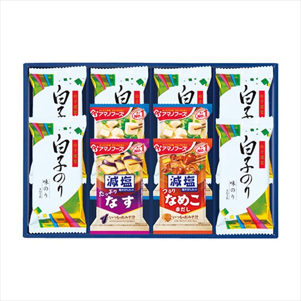 ■商品紹介内容/白子のり味のり:8切5枚×6・減塩いつものおみそ汁（とうふ）:10.3g×2・減塩いつものおみそ汁（なす）:9g×1・減塩いつものおみそ汁（なめこ）:8g×1《乳・小麦・えび》 ■パッケージサイズ：箱寸/242×357×45...