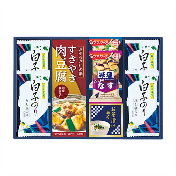 ■商品紹介内容/白子のりだし塩のり:8切5枚×4・減塩いつものおみそ汁（なす）:9g×1・減塩いつものおみそ汁（とうふ）:10.3g×1・キッコーマンすきやき肉豆腐:140g×1・永谷園お茶づけ海苔:4.7g×2袋×1《小麦》 ■パッケージ...