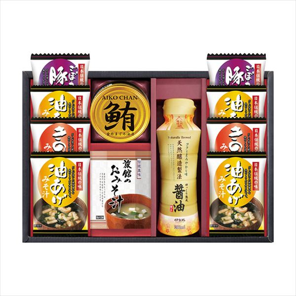 ■商品紹介内容/フリーズドライおみそ汁（きのこ）×2・フリーズドライおみそ汁（油あげ）×4・フリーズドライおみそ汁（豚汁）×2・旅館のおみそ汁:9g×2袋×1・天然醸造醤油:200?×1・鮪油漬フレーク:70g×1《小麦》 ■パッケージサイ...