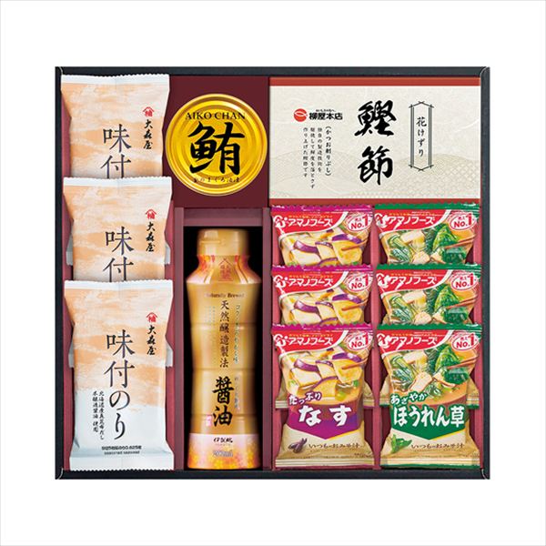 ■商品紹介内容/天然醸造?油:200?×1・アマノフーズいつものおみそ汁（なす）×3・アマノフーズいつものおみそ汁（ほうれん草）×3・大森屋味付のり:8切5枚×3・柳屋本店かつおパック:3g×3袋×1・鮪油漬けフレーク:70g×1《小麦・え...