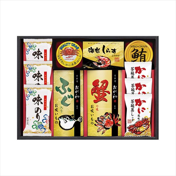 ■商品紹介内容/蟹の味お吸いもの:3.8g×3袋×1・ふぐ入りお吸いもの:3.2g×3袋×1・鮪油漬フレーク:70g×1・海老しらすふりかけ:3g×3袋×1・かに風味茶碗蒸しの素×3・まるずわいがにほぐしみ:55g×1・有明海産味のり:8切...