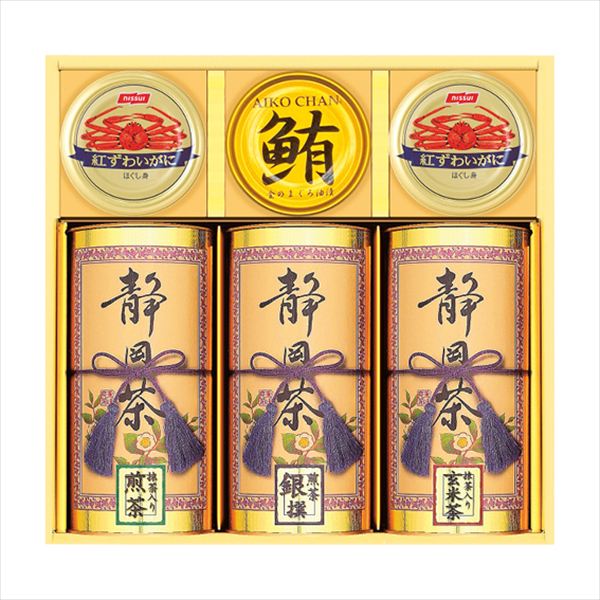 ■商品紹介内容/煎茶（銀撰）:80g×1・抹茶入り煎茶:80g×1・抹茶入り玄米茶:80g×1・紅ずわいがにほぐし身:55g×2・鮪油漬フレーク:70g×1《かに》 ■パッケージサイズ：箱寸/251×273×78 ■重量：約1170g メー...