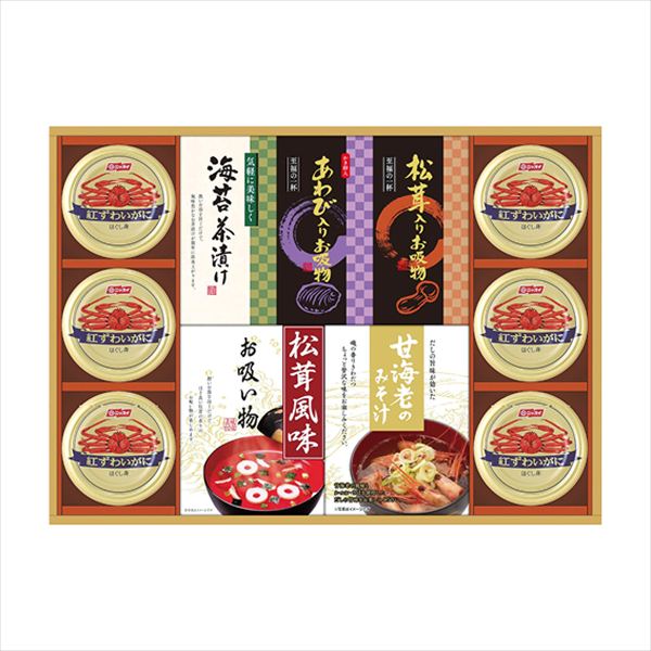 ■商品紹介内容/あわび入お吸い物:4g×1・松茸入りお吸い物:4.2g×1・丸美屋のり茶漬け:6g×2・甘海老みそ汁:7.5g×3袋×1・永谷園松茸風味お吸い物:2.3g×4袋×1・紅ずわいがにほぐし身:55g×6《卵・乳・小麦・えび・かに...