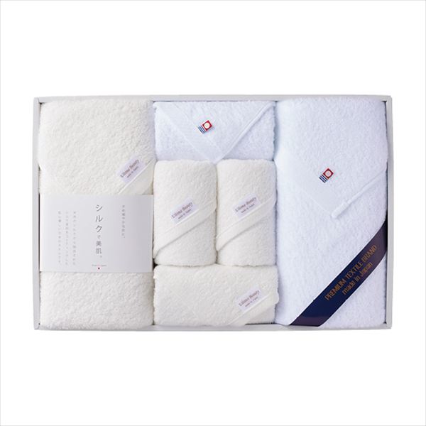 ■商品紹介内容/ワイドバスタオル（シルクプロテイン加工）:68×130×1・バスタオル（今治起毛加工）:60×120×1・フェイスタオル（シルクプロテイン加工）:33×80×3・フェイスタオル（今治起毛加工）:33×75×1 材質/綿100...