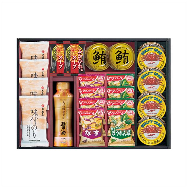 ■商品紹介内容/天然醸造?油:200?×1・アマノフーズいつものおみそ汁（なす）×4・アマノフーズいつものおみそ汁（ほうれん草）×4・大森屋味付のり:8切5枚×4・鮪油漬けフレーク:70g×2・ふかひれスープ×2・まるずわいがにほぐし身:5...