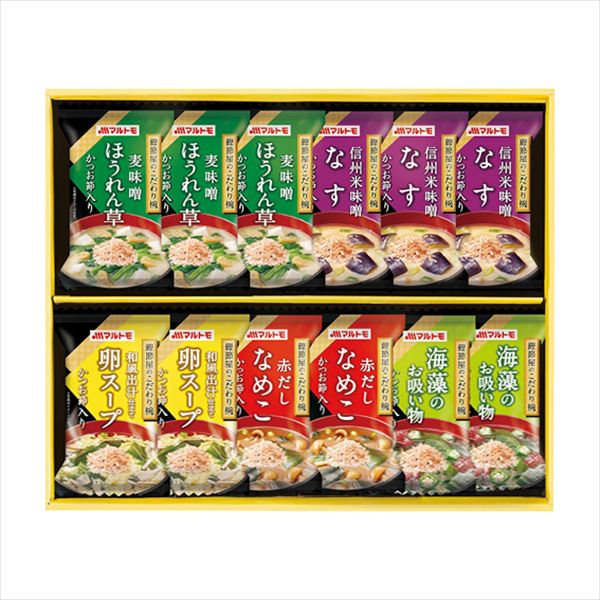 ■商品紹介内容/みそ汁なす:8.5g×3・みそ汁なめこ:6.6g×2・みそ汁ほうれん草:8.7g×3・スープ（卵）:7.6g×2・海藻のお吸い物:4g×2《卵・小麦》 ■パッケージサイズ：箱寸/253×303×49 ■重量：約285g メー...