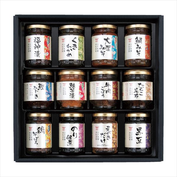 ■商品紹介内容/福神漬:90g×1・のり佃煮:95g×1・くきわかめ:75g×1・鶏そぼろ:50g×1・えのきだけ:90g×1・大葉みそ:100g×1・鯛みそ:100g×1・黒豆:100g×1・鰹ひじき:40g×1・たらこ昆布:50g×1・...