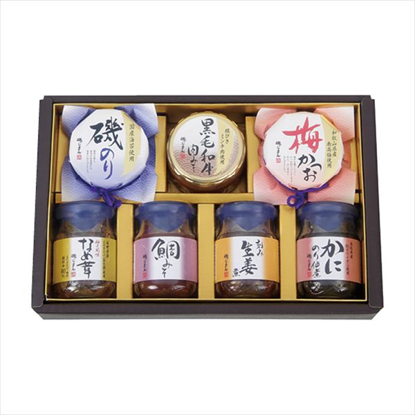 ■商品紹介内容/磯のり:90g×1・黒毛和牛肉みそ:90g×1・梅かつお:90g×1・柚子風味なめ茸:85g×1・鯛みそ:100g×1・刻み生姜煮:90g×1・かにのり佃煮:90g×1《乳・小麦・かに》 ■パッケージサイズ：箱寸/185×2...