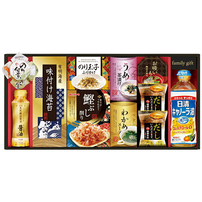 ■商品紹介：油っこくないでおなじみのキャノーラ油と和食セットです。 ■商品内容：有明海産味付け海苔(3切4枚)・のり玉子ふりかけ(4.5g×2袋)・鰹節削り(2g×4袋)・うめ茶漬け(4.3g×2袋)・わかめスープ(5.3g×2袋)・永谷園...