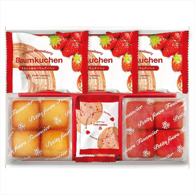 ■商品紹介：国内製造小麦粉とあまおう苺濃縮果汁を使用し、苺の風味と味わいを生かして一層一層丁寧に焼き上げたバウムクーヘンと、ひとくちサイズのしっとりとした食感で仕上げ、トンネルオーブンを使用することによりふんわりと焼き上げたフィナンシェ、ほ...