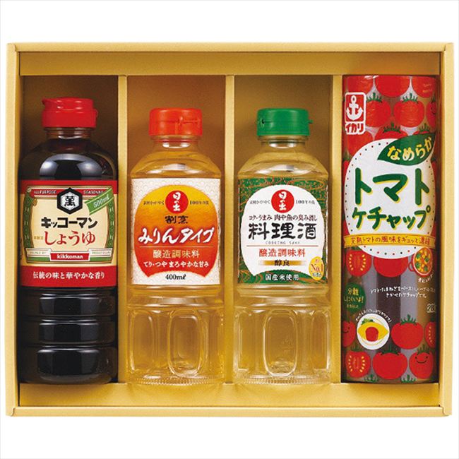 ■商品紹介：出番の多い調味料のセット ■商品内容：キッコーマンこいくちしょうゆ500ml・イカリなめらかトマトケチャップ280g・日の出料理酒・日の出割烹みりんタイプ各400ml各1本 ■商品パッケージサイズ：30.5×7.5×25.5cm...