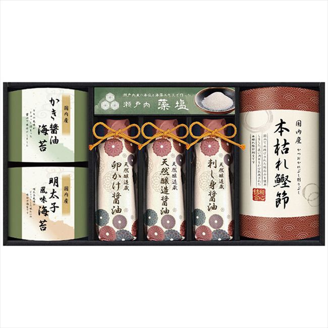 ■商品紹介：昔ながらの天然蔵でじっくりと熟成し作られたお醤油と、有明産の味付け海苔や鰹節をセットにした日本の心が感じられるギフトセットです。 ■商品内容：醤油200ml(卵かけ・天然醸造・刺身)各1本・牡蠣醤油海苔(8切6枚)・明太子風味海...