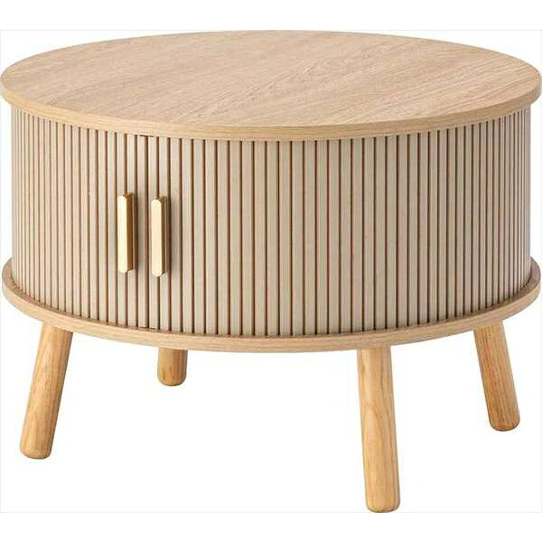 ■サイズ(cm):W58×D58×H41組立式 デザイン性と収納力を兼ね備えたセンターテーブル やわらかな丸みを帯びたフォルムが、空間にやさしい印象を与えるセンターテーブル。木目の風合いを活かした天板とリブ状のスライド扉を組み合わせ、シンプ...