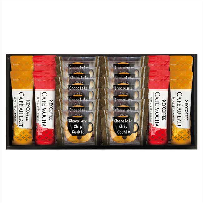 ■商品紹介：香り豊かなフリーズドライインスタントコーヒーと生クリーム入りのクリーミーパウダーを使用し、贅沢に仕立てたカフェオレとカフェモカに、サクサクした食感のクッキーにチョコチップとアーモンドスライスを練り込んだチョコチップクッキーを詰合...