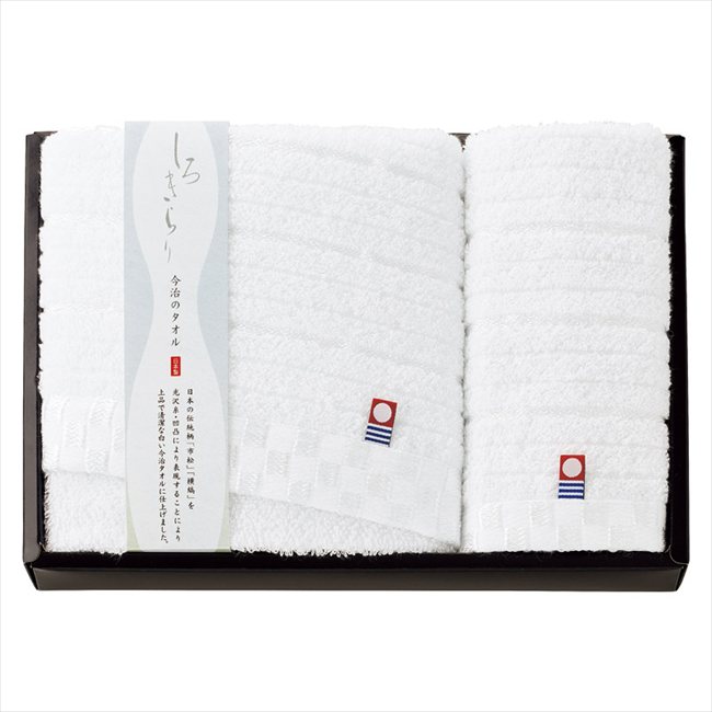■商品紹介：上品な白さの中に光沢糸がきらり。風合いも美しい上質な逸品。日本の伝統柄「市松」と「横縞」を、光沢糸とジャカード織りの凹凸により美しく表現。上品で清潔感あふれる白い今治タオルに仕上げました。慶弔を問わず幅広い世代の方に贈りやすい、...