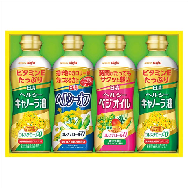 ■商品紹介： ヘルシーなバラエティオイルを詰め合わせたギフト ■商品内容：セット内容/ヘルシーキャノーラ油（350g）×2、ヘルシーオフ・ヘルシーベジオイル（各350g）×各1 ■パッケージサイズ：21.6×30.6×5.8cm ■賞味期限...