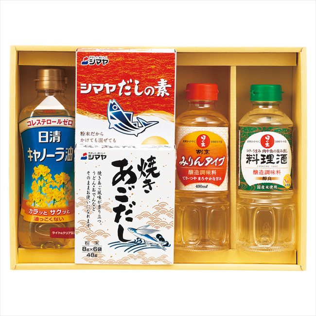 ■商品紹介： ■商品内容：セット内容/日清キャノーラ油（350g）・日の出料理酒・日の出割烹みりんタイプ（各400ml）・シマヤだしの素粉末（10g×6袋）・シマヤ焼きあごだし（8g×6袋）×各1 ■パッケージサイズ：25.1×32.9×7...