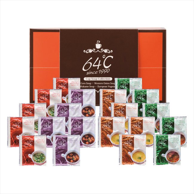 ■商品紹介：64℃ スープギフトの“こだわり”64℃ スープギフトは、スープを飲む時に温かくおいしく感じられ、体をあたためます。おいしいスープをご賞味ください。 ■商品内容：セット内容/コーンスープ・中華わかめスープ・洋風オニオンスープ・欧...