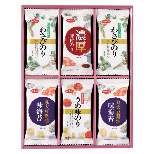 ■商品紹介：わさび味、濃厚味、うめ味、醤油味の4種の味のりを詰合せたバラエティセットです。 ■商品内容：セット内容/信州わさび使用わさびのり・丸大豆醤油味のり（各8切5枚）×各4、濃厚味付のり・紀州梅使用うめ味のり（各8切5枚）×各2 ■パ...